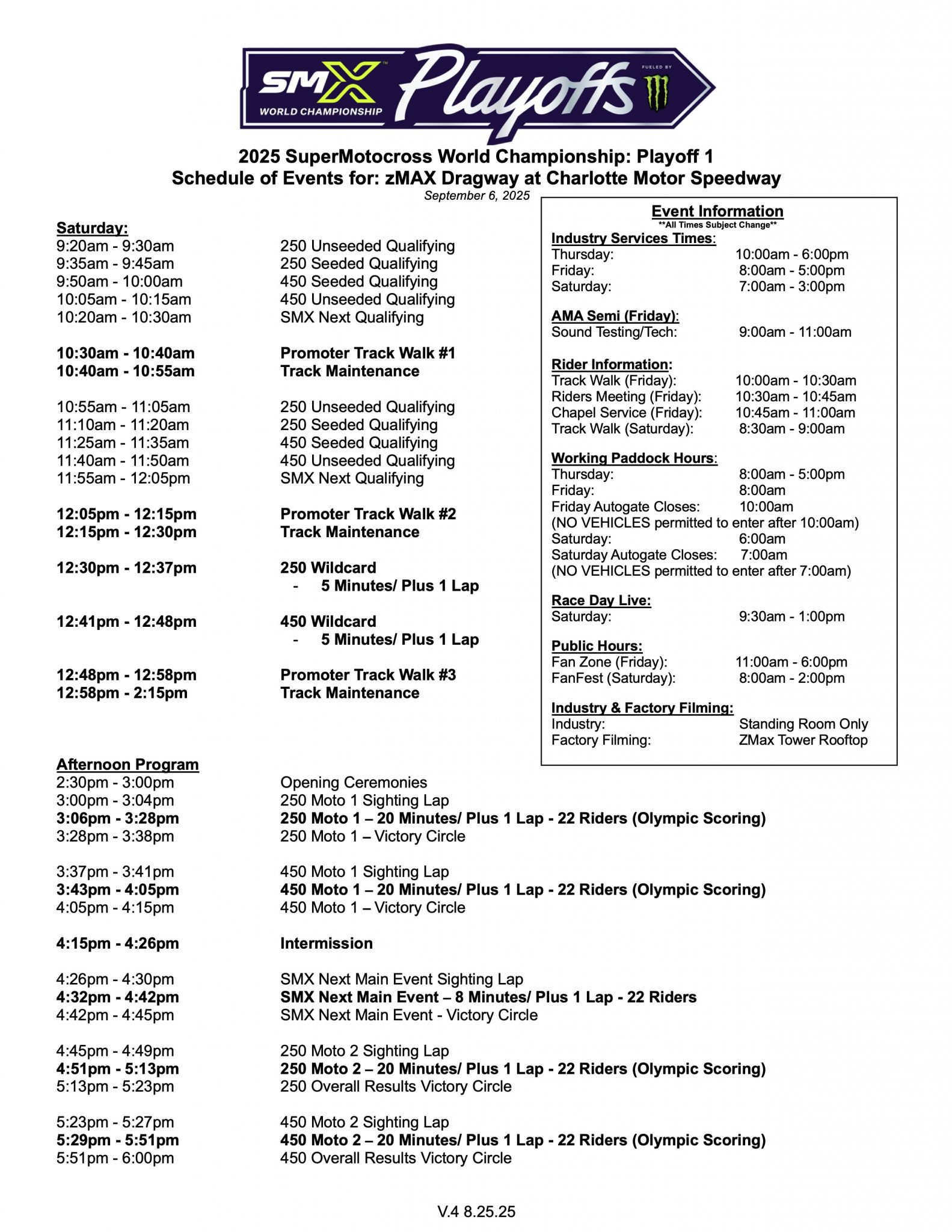 Charlotte SMX schedule – day race! – GateDrop.com